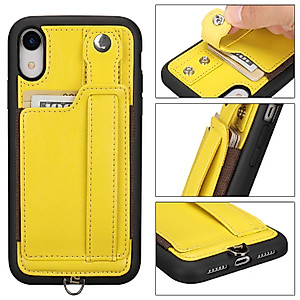 TOOVREN iPhone XR Wallet Case with Lanyard Strap Card Holder Xr iPhone Case Protective Cover with Stand Wallet Leather PU Detachable iPhone Lanyard for iPhone XR 6.1 Inch (2018) (Yellow)