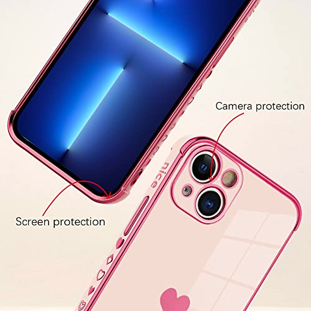 Bonoma for iPhone 13 Case Love Heart Plating Electroplate Luxury Elegant Case Camera Protector Soft TPU Shockproof Protective Corner Back Cover iPhone 13 Case -Pink