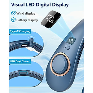 Portable Neck Fan Rechargeable,Personal Fans for Your Neck Battery Operated,Bladeless Folding Neck Fans that Blow Cold Air,Cooling Neck Fan Hands Free,Wearable Necklace Fan for Women Men Kids Blue