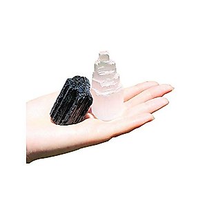 Wixine 2Pcs 1 Selenite Tower & 1 Extra Grade Black Tourmaline Home Protection Kit Reiki