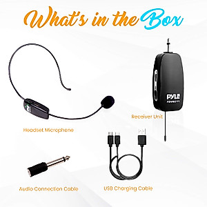 Pyle UHF All-Purpose Wireless Microphone System - Portable Professional Cordless Microphone Wireless Mic Kit w/ Headset Mic, Receiver Unit - Karaoke, Conference, DJ Party - Pyle PDWMU115