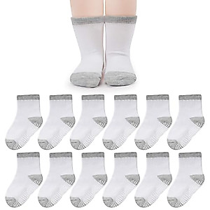 CozyWay Toddler Socks With Grippers Non Slip Crew Grip Socks for Girls and Boys Soft Comfy Cotton - 1T-3T Unisex Multi Color - 12 Pack