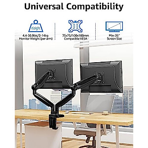MOUNTUP Ultrawide Dual Monitor Arm for Max 35 Inch Screen, Support 4.4-30.9 lbs Heavy Duty Monitor Desk Mount, Gas Spring Computer Monitor Stand Holder, VESA Bracket with Clamp/Grommet Base, Black