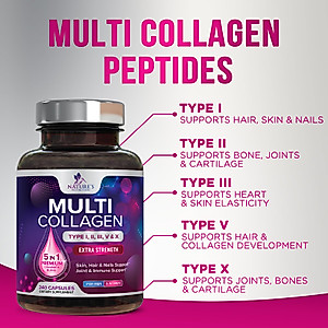 Collagen for Women & Men, Type I, II, III, V, X Collagen Pills Complex, Grass Fed Non-GMO, Nature's Hydrolyzed Multi Collagen Peptides Supplement, Hair, Skin, Nail, Joint Health Support - 240 Capsules
