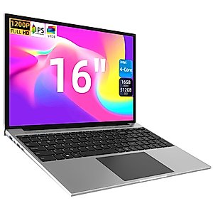 jumper Laptop, 16" Laptops with 16GB DDR4 512GB SSD, Intel Quad Core CPU(Up to 3.4G), 1200P FHD Display(16:10), Notebook Computer with 4 Stereo Speakers, 38WH Battery, 2.4G/5G Wi-Fi, BT4.0, Type-C.