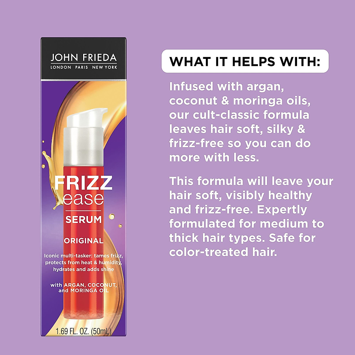 John Frieda Frizz Ease Original Hair Serum, Protecting Against Frizz, Heat, and Humidity While Adding Shine, Smooths Strands and Hydrates Parched Hair with Argan, Coconut, and Moringa Oil, 1.69 Oz