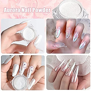 White Pearl Chrome Nail Powder, Pearlescent White Iridescent Nail Powder, High Gloss Glitter Nail Art, Jewelry Mermaid Pearl Neon Nail Powder, Nail DIY Metallic Pigment Powder with Sponge Stick (1pcs)