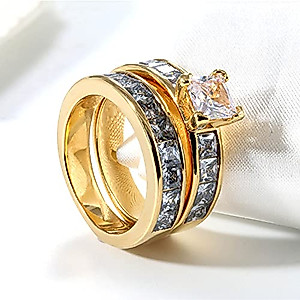 wedding ring set Two Rings His Hers Couples Rings Women's 10k Yellow Gold Filled White CZ Wedding Engagement Ring Bridal Sets & Men's Stainless Steel Wedding Band