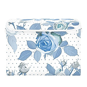 Kigai Storage Basket Blue Rose Storage Boxes with Lids and Handle, Large Storage Cube Bin Collapsible for Shelves Closet Bedroom Living Room, 16.5x12.6x11.8 In