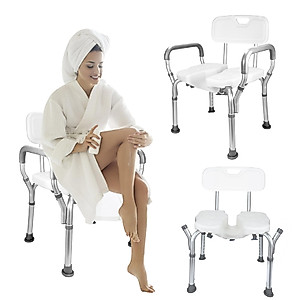 Retoreath Shower Chair with Back and Arms, Slip Resistant Bath Chair with Adjustable Height, U-Shape Groove Cutout for Private Cleaning, for Handicap, Disabled, Seniors & Elderly