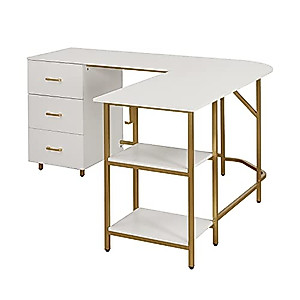 Techni Mobili L Shaped Desk - Two-Toned Computer Desk with Drawers & Storage Shelves - Simple Modern Furniture & Home Office Space Corner Table for Work & Writing