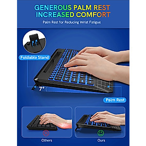 Wireless Keyboard with 7 Colored Backlits, Wrist Rest, Phone Holder, Rechargeable Ergonomic Computer Keyboard with Silent Keys, Full Size Lighted Keyboard for Windows, Mac, PC, Laptop (Black)