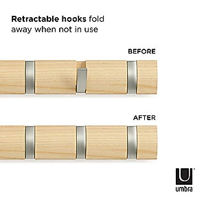 Umbra Flip Wall-Mounted Coat Rack Rail Hook for Hats, Jackets, Bags and More – Modern, Space-Saving Storage Organizer for Entryway, Mudroom, Closet, Bathroom, Bedroom, Kids Room, or Nursery, 8 Hooks, Natural/Nickel