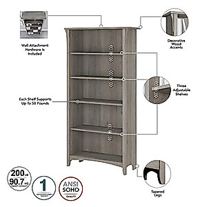 Bush Furniture Salinas L Shaped File 5-Shelf Bookcase | 3 Piece Living Room Furniture Set | Storage Cabinet, Bookshelf & Office Desk, 60W, Driftwood Gray