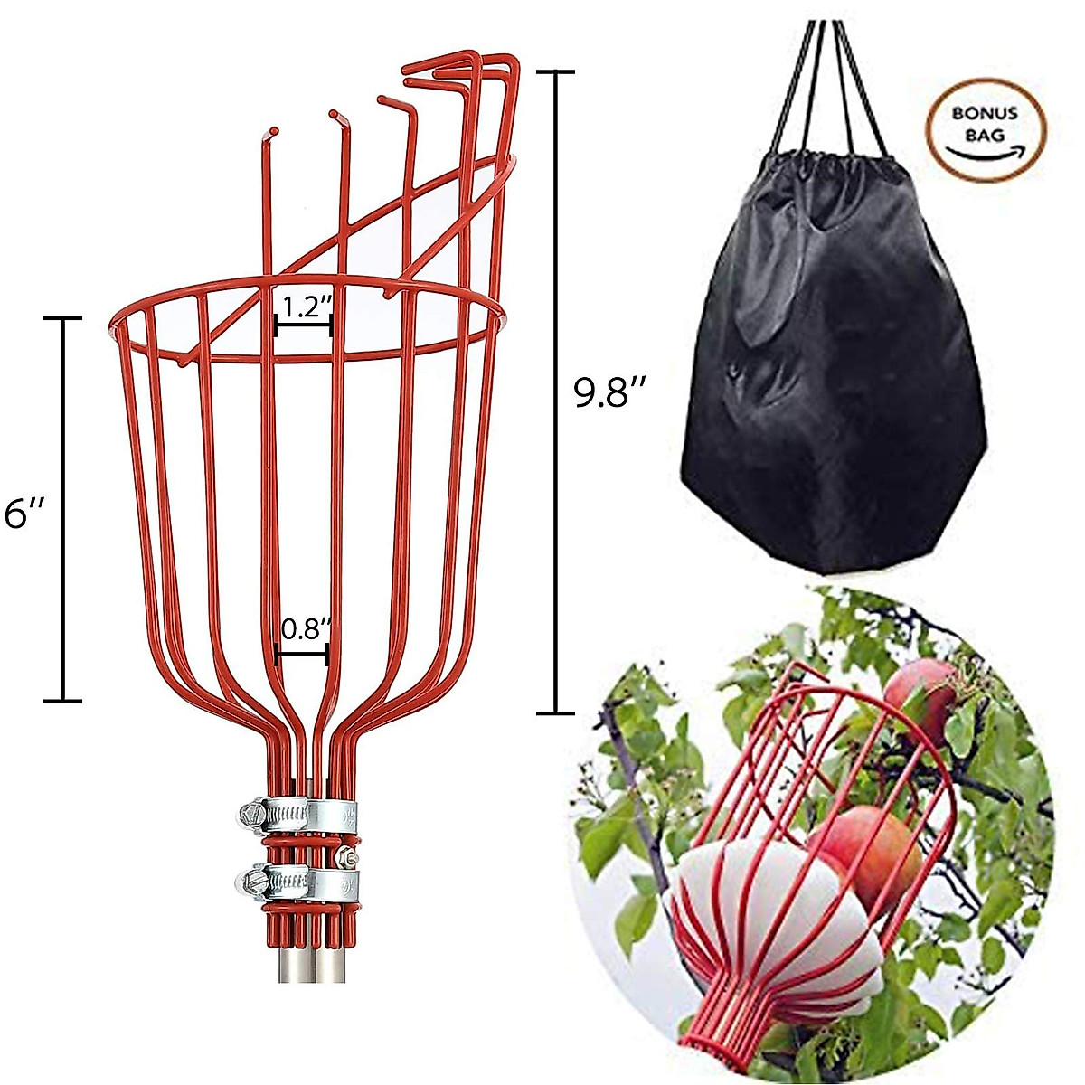 DIIG Fruit Picker, 5.5 Foot Fruit Picker Tool with Stainless Steel Connecting Pole, Fruit Picking Equipment for Getting Fruits Lemons Apples Guavas Avocados Pears Mangoes Oranges