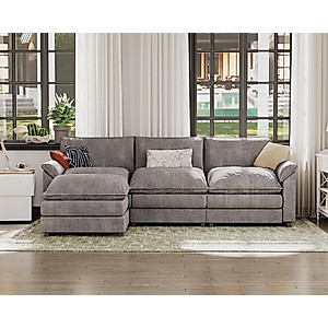 JUMMICO 119” Sectional Sofa Modern Deep Couch with Reversible Ottoman, L-Shaped Chenille Fabric Modular Sofa Sleeper Comfy for Living Room/Bedroom/Apartment (Grey, L Shaped Sofa)
