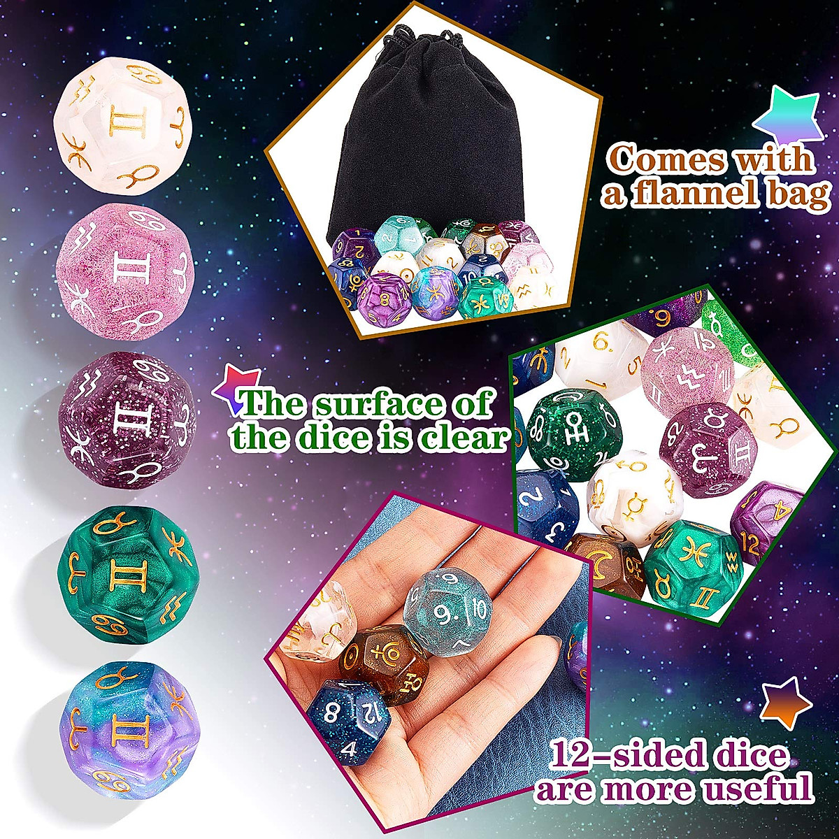 5 Sets Astrological Dice Constellation Dice 12-Sided Astrology Dice Astrology Tarot Constellation Divination Dice for Constellation Divination Tarot Cards Accessory Acrylic Pearl Astrological Dice