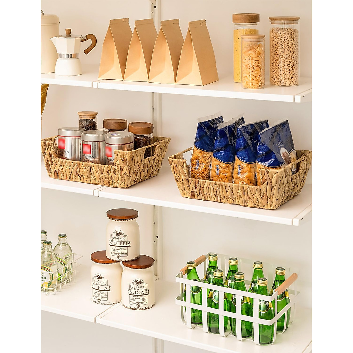 StorageWorks Water Hyacinth Open-Front Storage Basket, Wicker Storage Baskets for Shelves, Hand-Woven Bin with Handles, Kitchen Pantry Wicker Basket, 2 Pack