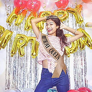 TOBAAT Birthday Sash and Tiara for Women, Gold Crystal Crown with Combs Birthday Sash for Women Holiday Decorations