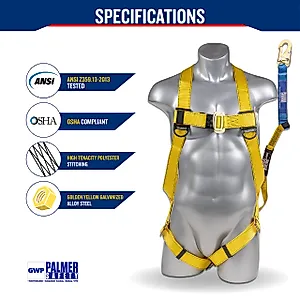 Palmer Safety Fall Protection Safety Harness w/Detachable 6' Single Leg Lanyard I EXTERNAL Shock Absorber Lanyard I OSHA/ANSI Fall Arrest Kit I Ideal for Industrial & Construction Use (Yellow - 1pk)