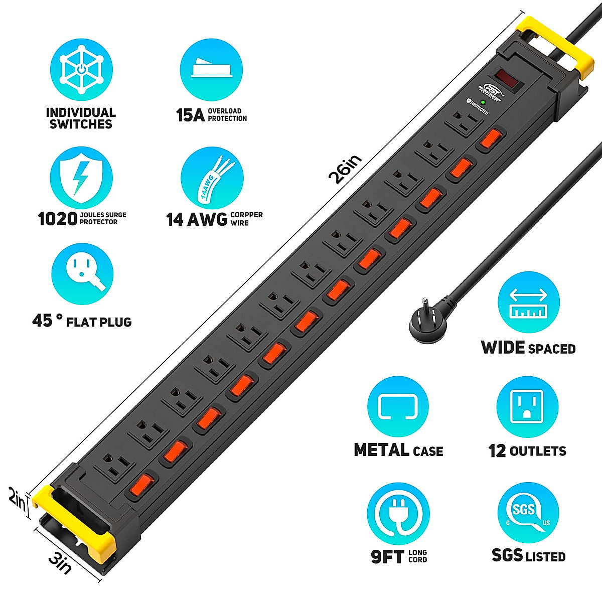 Surge Protector Power Strip with USB, Individual Switches and Flat Plug, CRST ECO-Friendly 6-Outlet Metal Heavy Duty Power Strip (1200 Joules) Circuit Breaker, 6-Feet 14AWG Cord (with Fastening Tie)