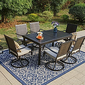 MIXPATIO Outdoor Patio Dining Set 7 Pcs, Patio Dining Table Chair, 6 Rattan Swivel Chairs with Cushions and 1 Metal Rectangular Dining Table (Expandable), for Lawn, Garden, Yards, Poolside