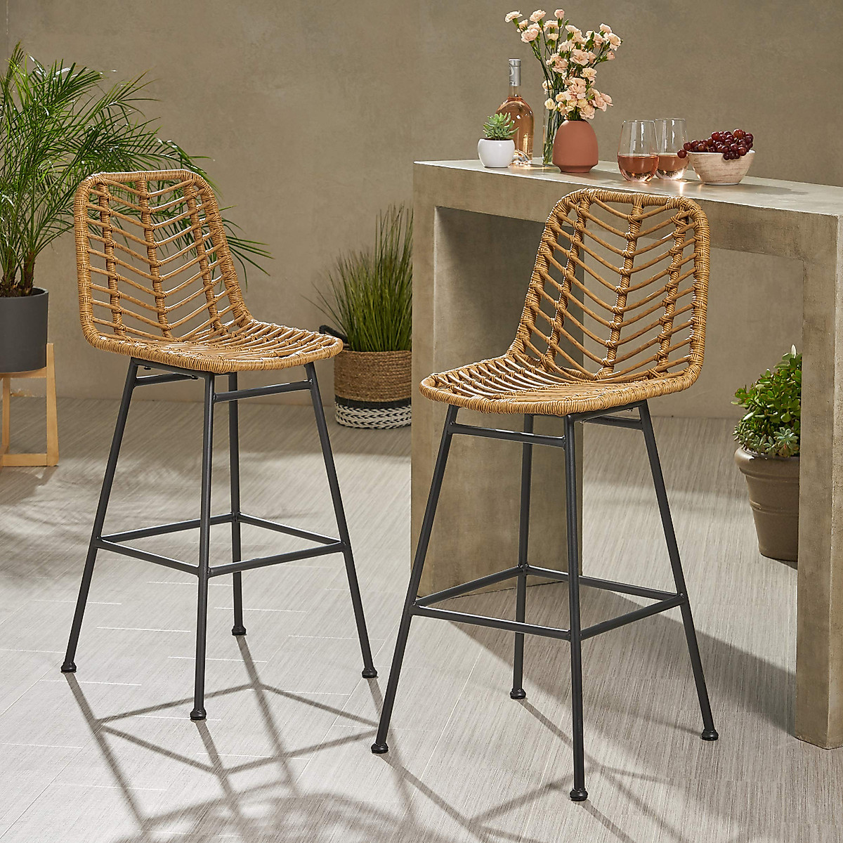 GDFStudio Outdoor Wicker Barstools (Set of 2), Light Brown and Black