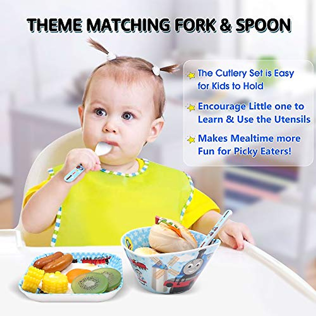 Finex Thomas the Train 5 Pcs Set Children Cartoon Durable Tableware Meal Dishes Mealtime Food Feeding Eating Set includes Dinner Serving Bowl Plate Cup with a Matching Spoon and Fork for Kids