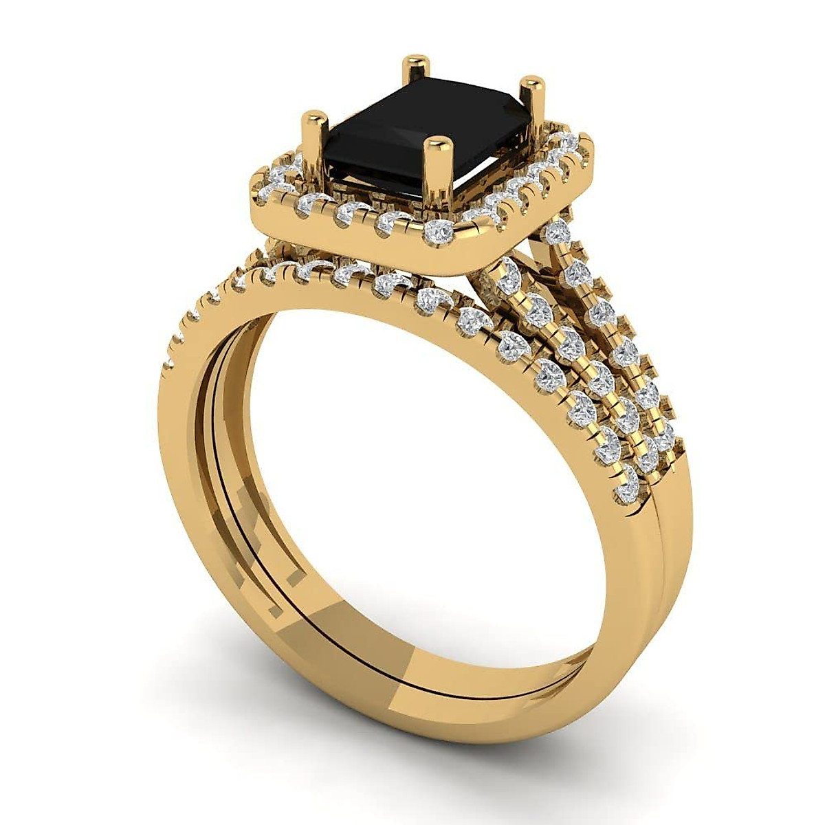 1.54 carat Emerald Cut Halo Solitaire Natural Black Onyx Wedding Anniversary Bridal Ring band set 14k Yellow Gold 4.5