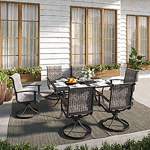 Grand patio Outdoor Dining Set for 6, Patio Dining Set with 6-Piece Mesh Sling Rocking Chairs, 1-Piece Large Rectangular Woodgrain Dining Table with Umbrella Hole, Black & Grey Plaid