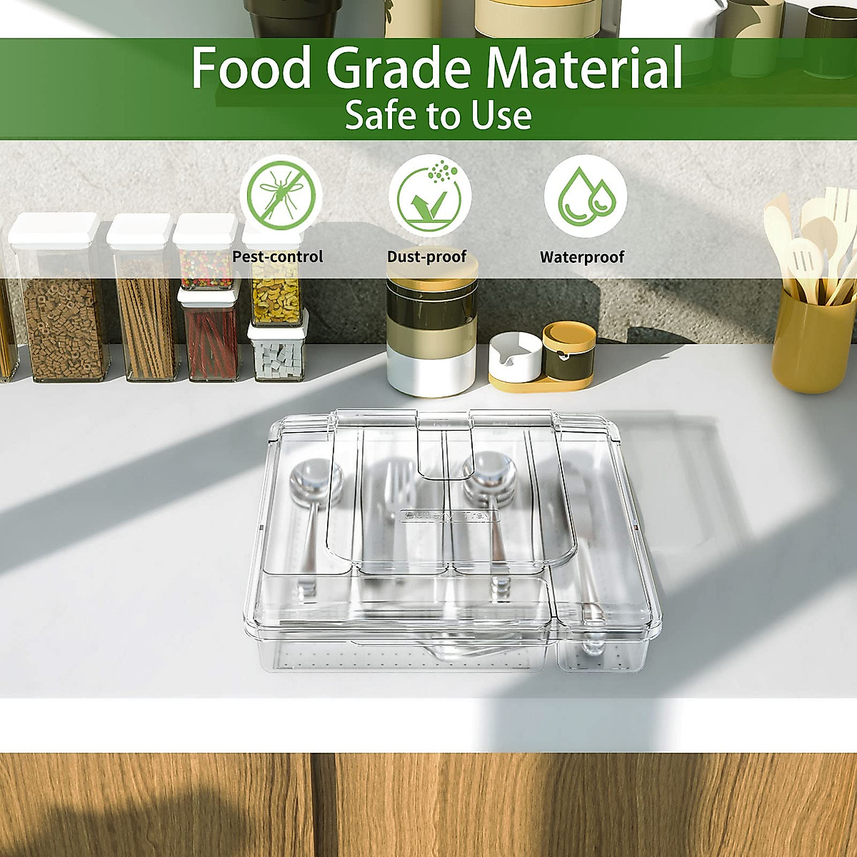 CDWMJ Silverware Organizer for Drawer & Countertop with Lid, Plastic Flatware Cutlery Tray with 5 Compartments, Dustproof Portable Kitchen Utensil Holder