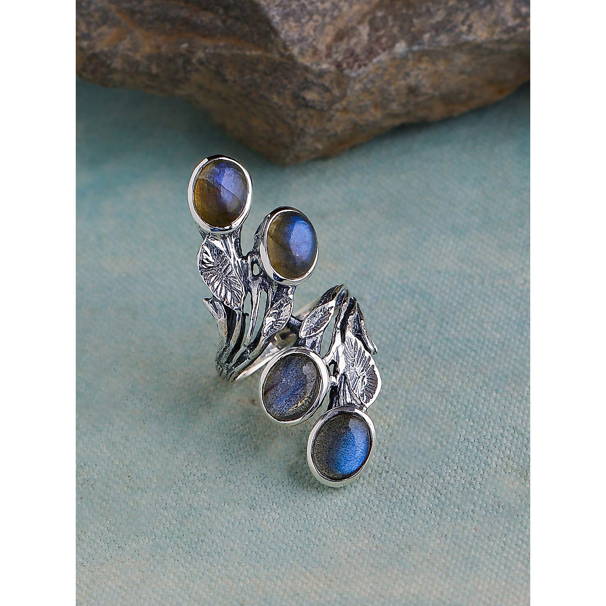 YoTreasure Natural Labradorite Solid 925 Sterling Silver Innovative Leaf Vine Design Ring