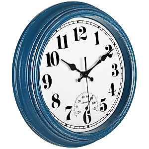 JENLYSTIME 12 Inch Indoor/Outdoor Retro Waterproof Wall Clock with Thermometer Silent Round Quartz Battery Operated Easy to Read Decorative for Kitchen Patio,Bathroom,Deck,Porch,Pool(Blue)