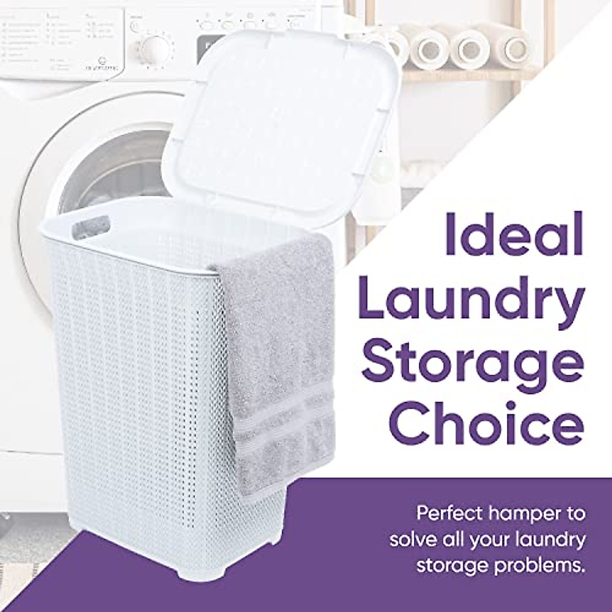 Wicker Laundry Hamper With Lid 50 Liter - White Laundry Basket 1.40 Bushel Durable Bin With Cutout Handles - Easy Storage Dirty Cloths in Washroom Bathroom, Or Bedroom. By Superio