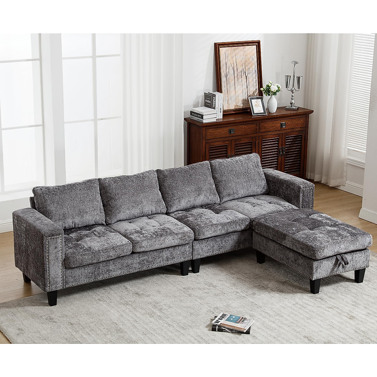 Ball & Cast 104.5" L Shaped Sectional Couch with Storage Ottoman, Chenille Upholstered 5 Seat Modular Sofa with Reversible Chaise for Living Room, Easy Assembly, Gray