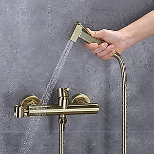 MINJING Wall Mounted Bidet Sprayer Kit for Toilet Toilet Shower Spray Mixer Set Brushed Gold with Shower Hose Bidet Attachment Faucet Sprayer Kit for Toilet,B