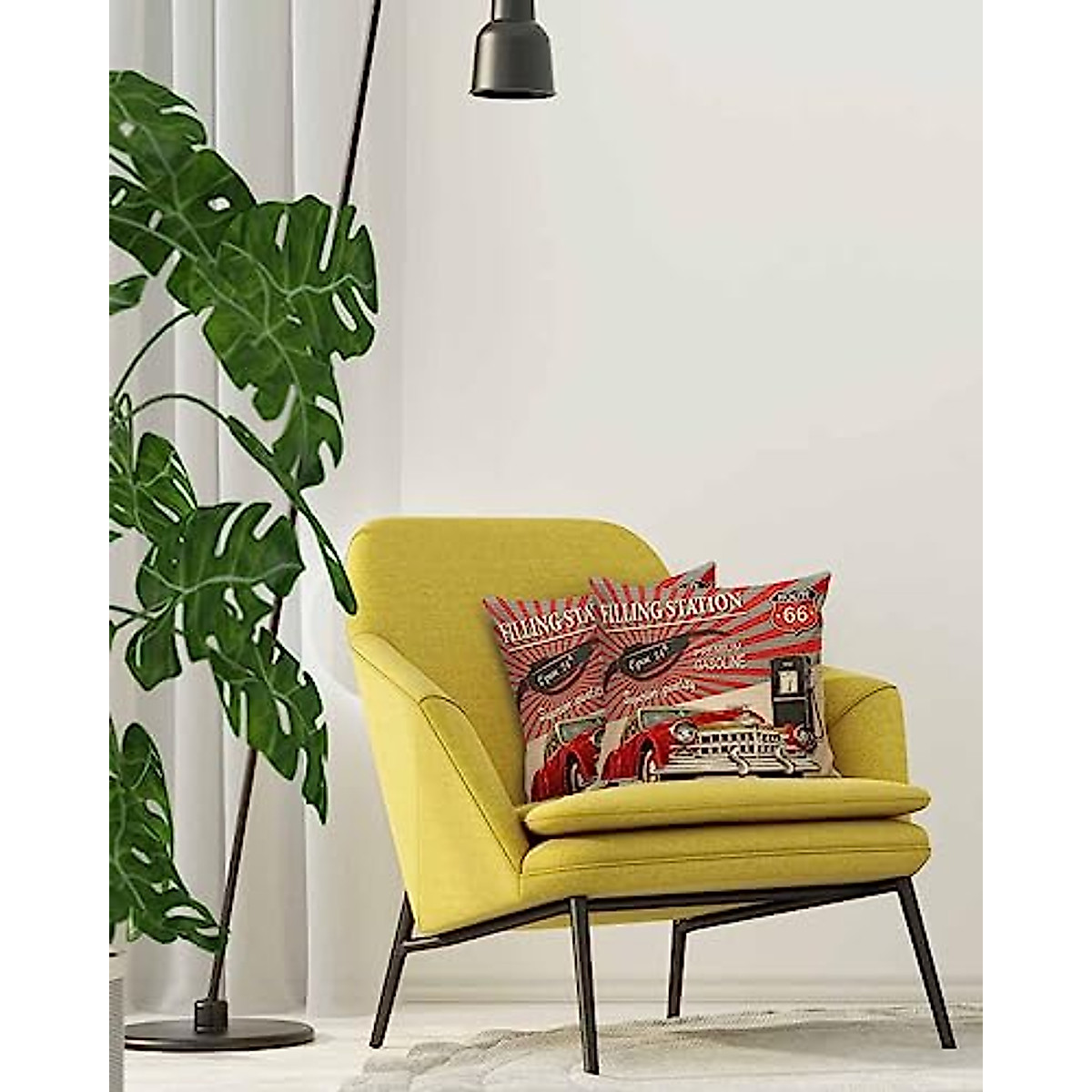 Set of 2 Throw Pillow Covers Square Pillow Case Retro Filling Station Car Posters Cotton Linen Cushion Case Pillowcase for Sofa Couch Bed, Living Room Bedroom Decorative, 20 x 20 Inches