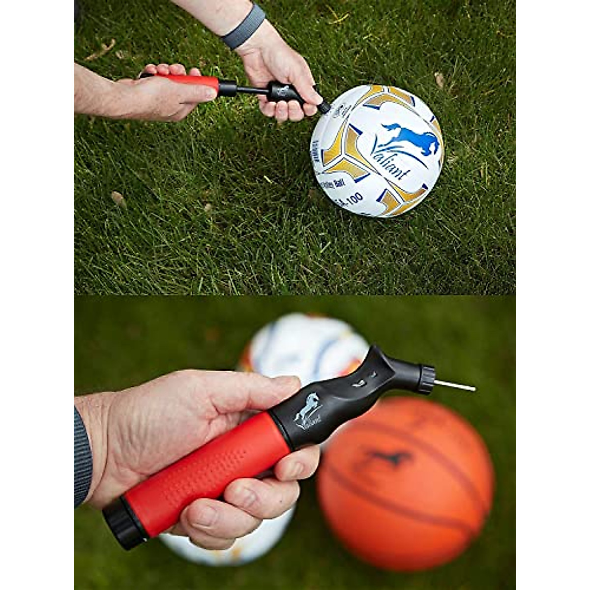 Valiant Sports Ball Pump Inflator with 5 Needles (Pin) and Pouch, Dual Action Hand Held Portable Air Pump with pins to Inflate Soccer Ball, Football, Volleyball, Rugby,Netball & Basketball (Red)