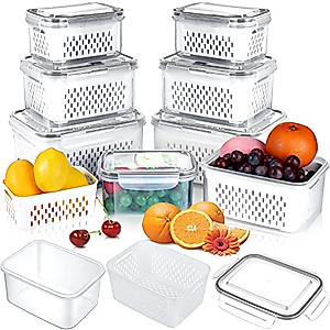 Potchen 6 Pieces Fruit Storage Containers for Fridge Produce Saver Containers with Drain Baskets Fridge Organizers with Airtight Lid Fruit Vegetable Storage Containers Organizer for Refrigerator