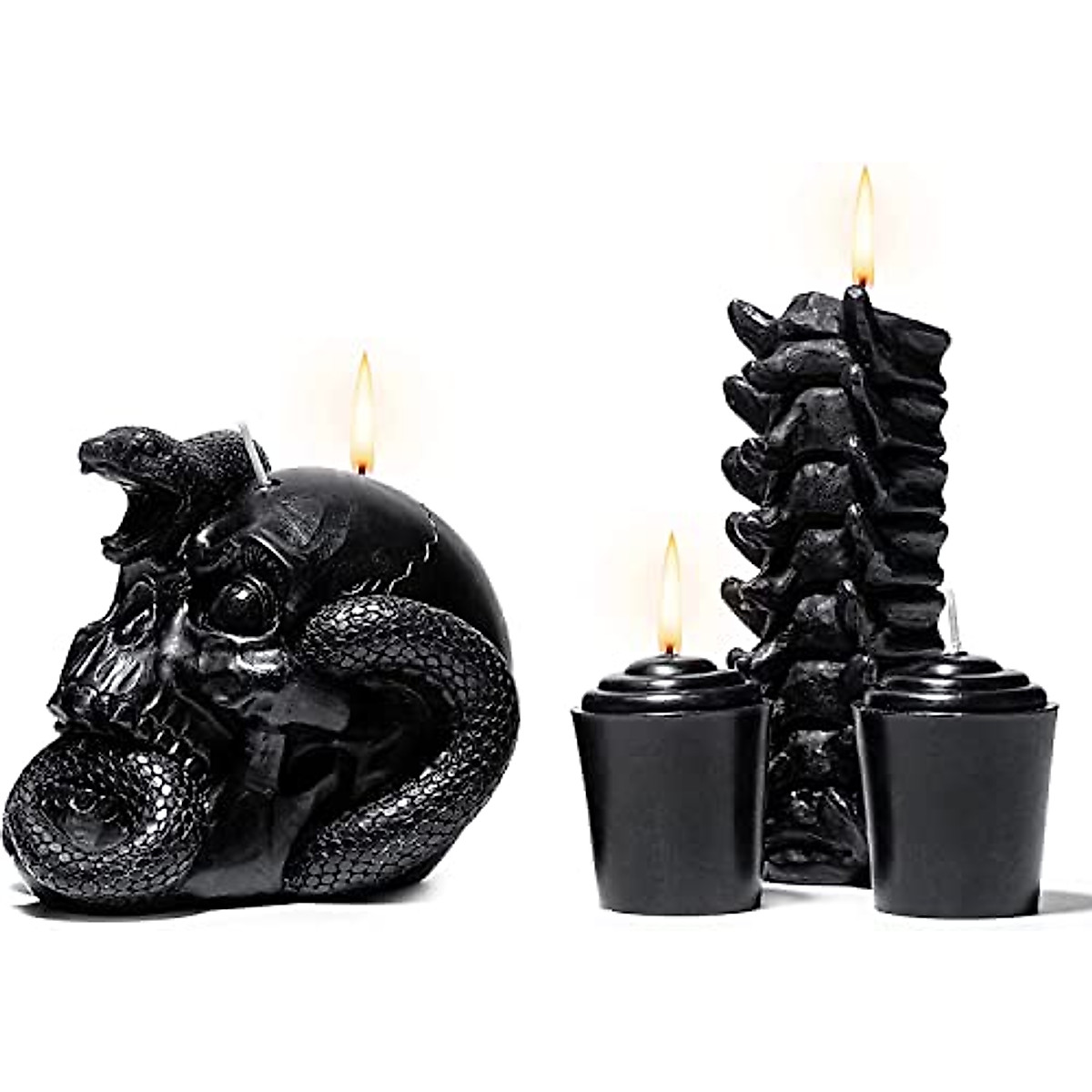 Skull Candles 4 Pack - Skeleton Snake, Spine & Black Bones Candle, Skulls Candle, Magic Skulls Candlestick Spooky Gothic Emo Decor, Home & Bar Decoration - Large Creepy Satanic - by Gute