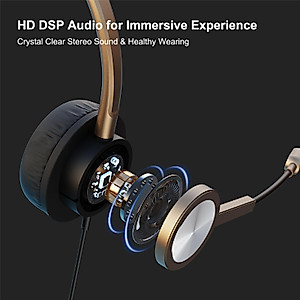 USB Type C Headphones with Noise Canceling Microphone, USB-C Headset with Mic for PC, Laptop, Lightweight Gold Headset for Call Center Office Laptop, Skype, Zoom, Webinar, Google Meet, WeBex