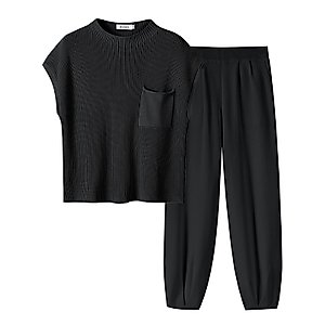 ANRABESS Women's Two Piece Outfits Knit Sweater Vest Crop Top Pants Lounge Matching Tracksuit Sweatsuit Travel Clothes Sets Black Medium