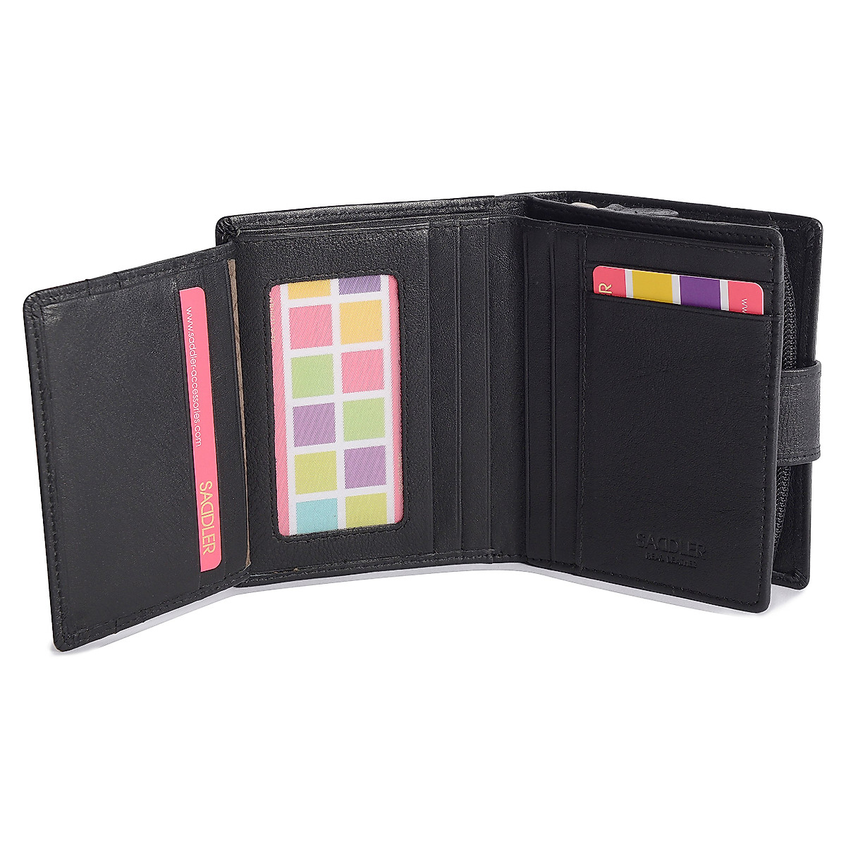 SADDLER Womens Luxurious Leather Medium Trifold RFID Protected Purse Wallet with Zipper Coin Purse | Ladies Designer Clutch Perfect for ID Coins Notes Debit Travel Cards | Gift Boxed - Black