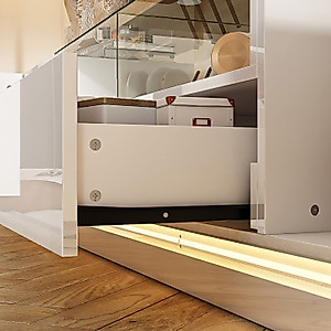 FAMAPY Modern TV Console Table with Lights & Glass Shelves, High Gloss TV Cabinet Media Console with Drawers and Doors, for Living Room White (66.9”W x 15.7”D x 17”H)