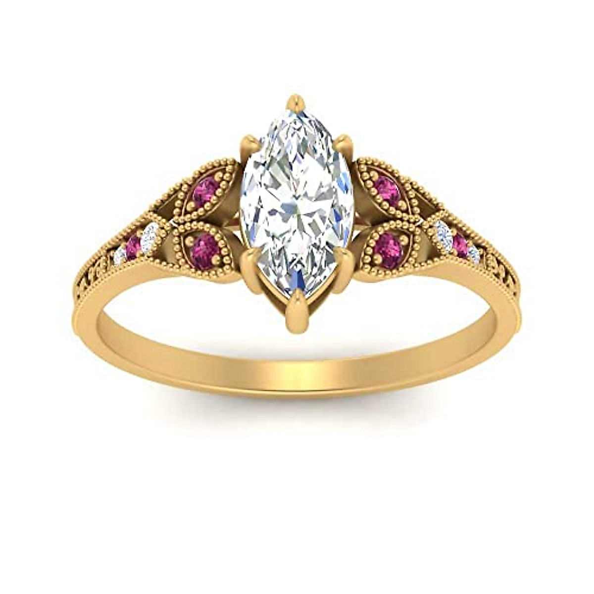 Jewelryonclick Split Band Antique Engagement Ring Yellow Gold Plated Created Pink Sapphire Marquise Shape Pink Color Side Stone Engagement Rings Pave Setting in Size 13.5 Birthstone