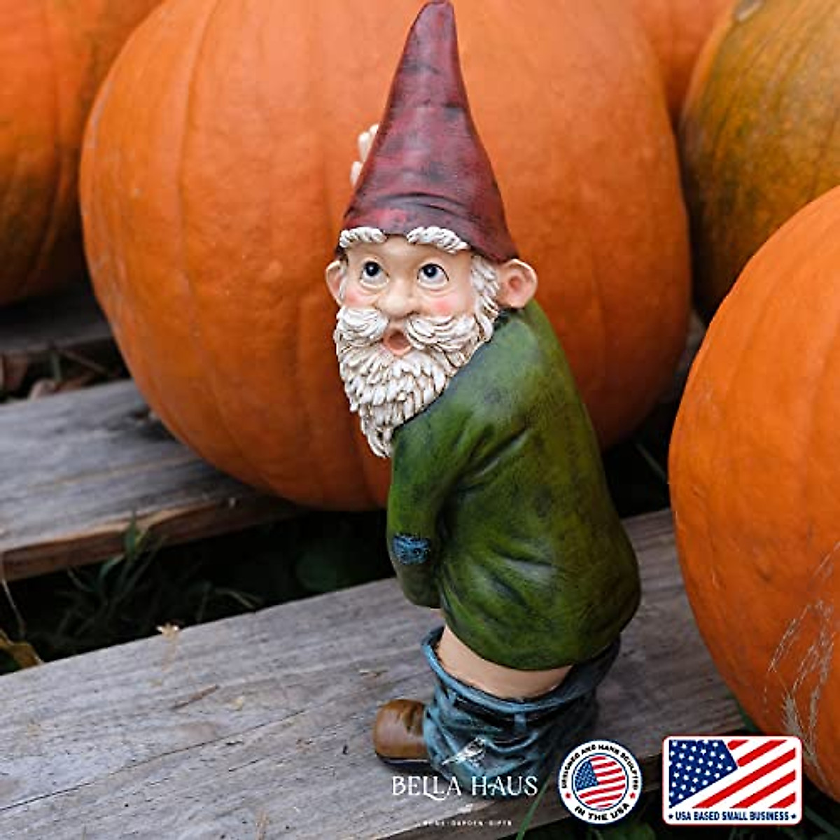 BELLA HAUS DESIGN Gnome Statue - 10.3" Tall Polyresin - Willy The Peeing Garden Gnome for Lawn Ornaments, Indoor or Outdoor Decorations - Red and Green Funny Gnomes