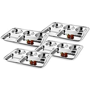 Khandekar Stainless Steel Five Compartment Rectangle Plates, Dinner Plate Set of 4 - Silver