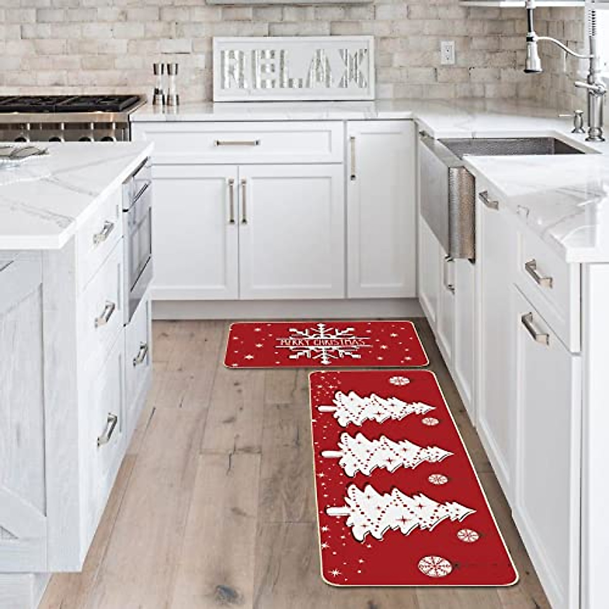 Artoid Mode Red Snowflake Merry Christmas Tree Welcome Decorative Kitchen Mats Set of 2, Home Party Low-Profile Kitchen Rugs - 17x29 and 17x47 Inch