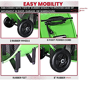 K Tool International 77746; 42 Inch Belt Drive Drum Fan with Easy Mobility Rubber Wheels, Ideal for Industrial, Garage or Barn, 2-Speed Control, Auto Overheat Cut-Off Protection, 14,800 Max CFM, Green