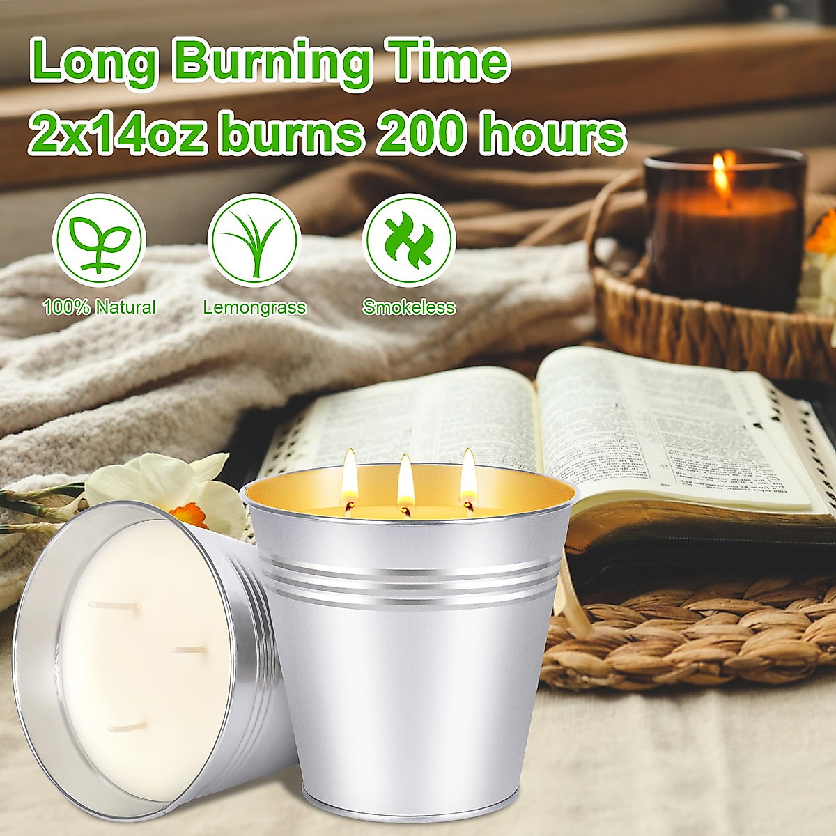 Citronella Candles Outdoor Large, 2×14oz Cironella Candles Bucket Garden Candles for Patio Yard Balcony Porch Camping BBQ, 200 Hours Long Lasting Burn Time,